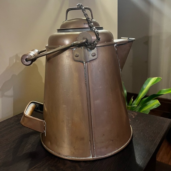 Accents | Antique Extra Large Copper Cowboy Coffee Pot Wooden Bail ...